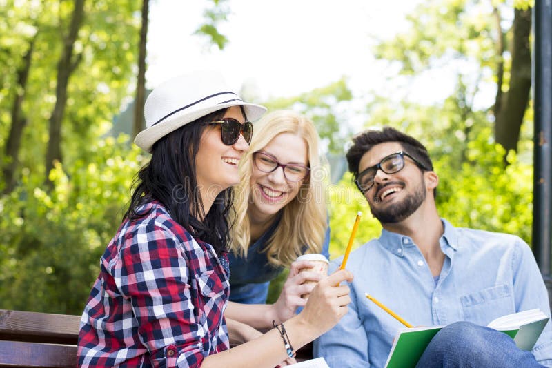 Group of Young College Students Having Fun while Discussing Homework on ...