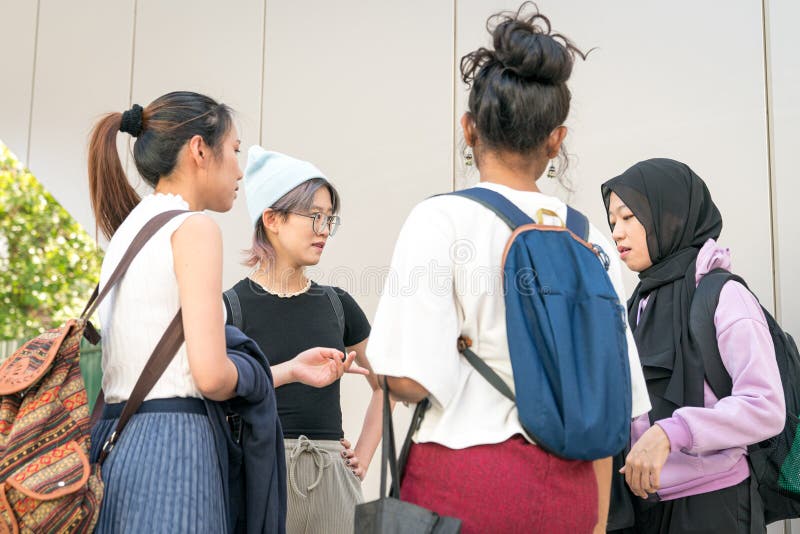 Group of Young College Women Students Standing and Talking Stock Image ...