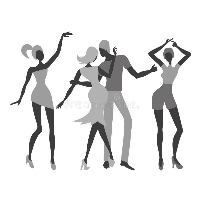 Group of Young Dancing People. Black and White Vector Illustration ...