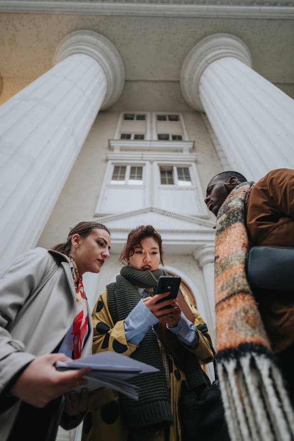 Young People Collaborating Outdoors by a Historic Building Stock Image ...