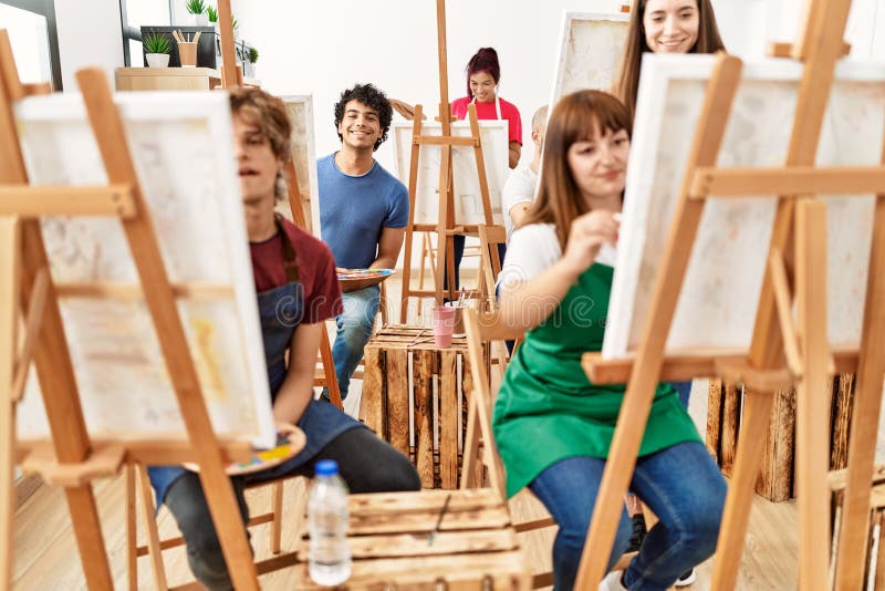 Group of Young Draw Students Smiling Happy Drawing at Art Studio Stock ...