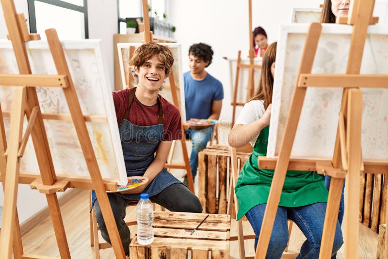 Group of Young Draw Students Smiling Happy Drawing at Art Studio Stock ...