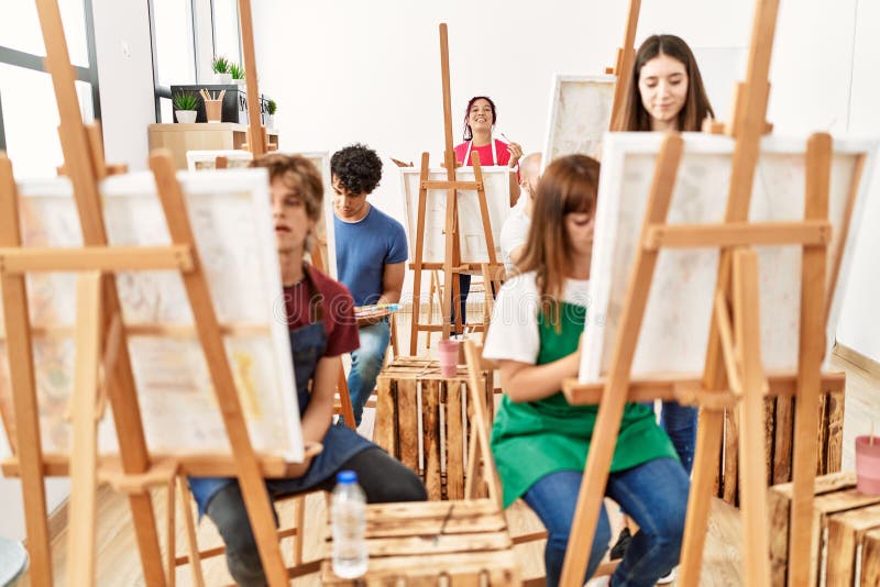 Group of Young Draw Students Smiling Happy Drawing at Art Studio Stock ...