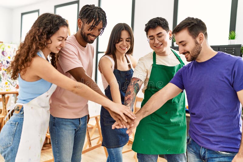 Group of Young Draw Students Smiling Happy Standing with Hands Together ...