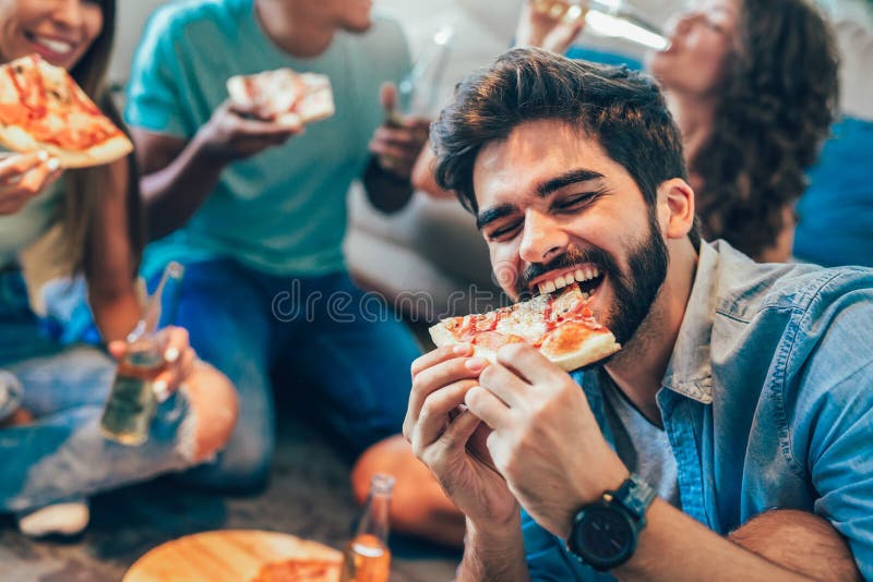 Group of Young Friends Eating Pizza. Stock Photo - Image of lunch ...