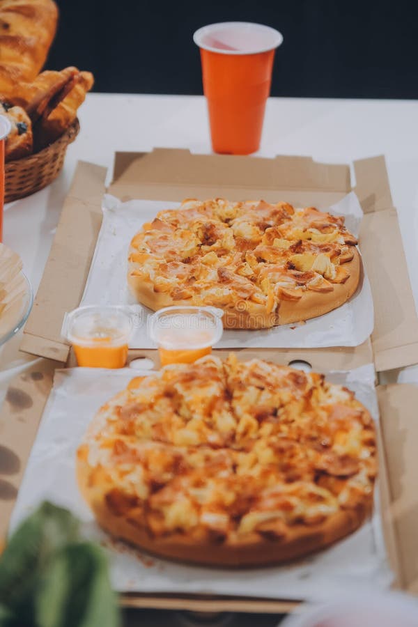 Group of Young Friends Eating Pizza.Home Party Stock Image - Image of ...