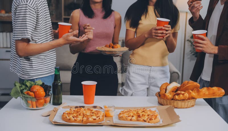 Group of Young Friends Eating Pizza.Home Party Stock Photo - Image of ...