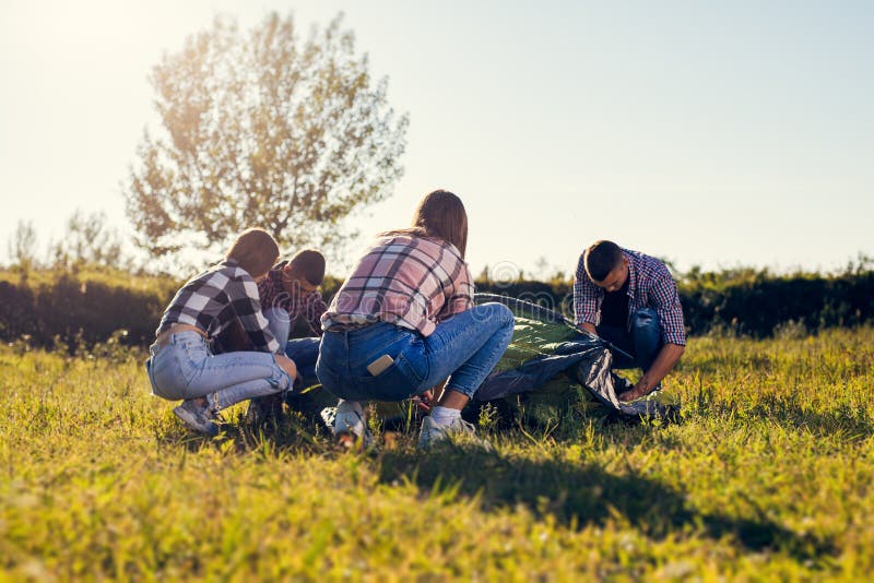 Group of Young Friends People Preparing Camping Tent Stock Photo ...