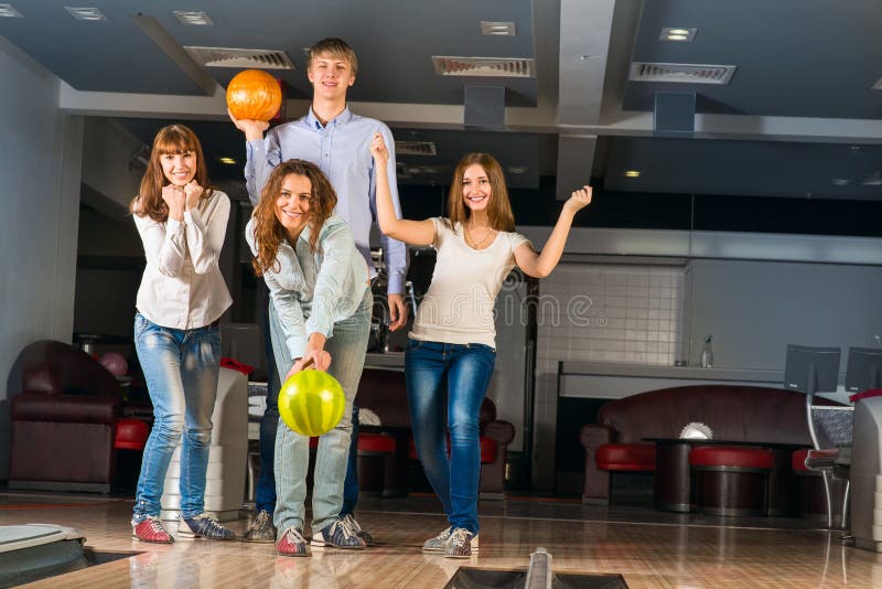 Group of Young Friends Playing Bowling Stock Image - Image of event ...