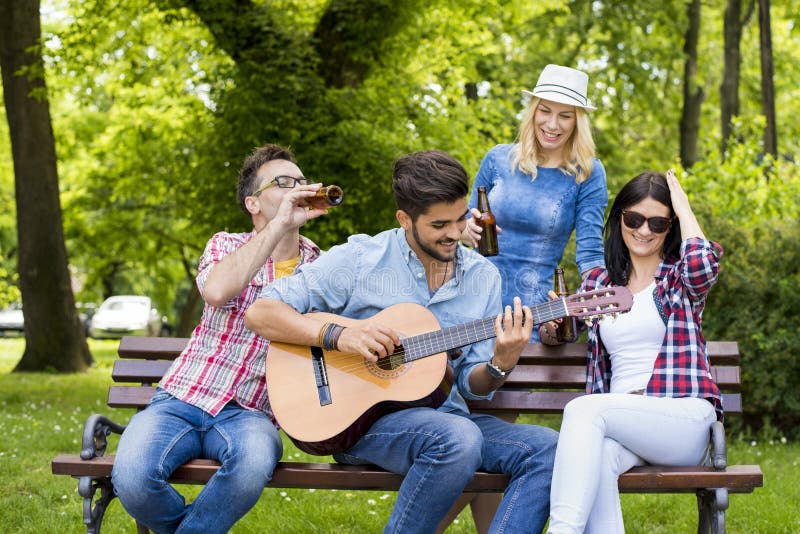 Group of Young Friends Playing Guitar and Drinking Beers on a Park ...