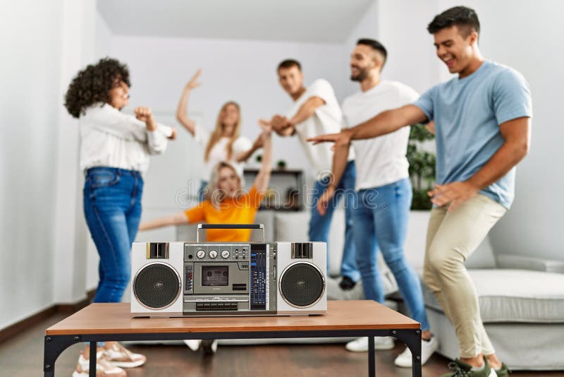 Group of Young Friends Smiling Happy and Dancing at Home Stock Image ...