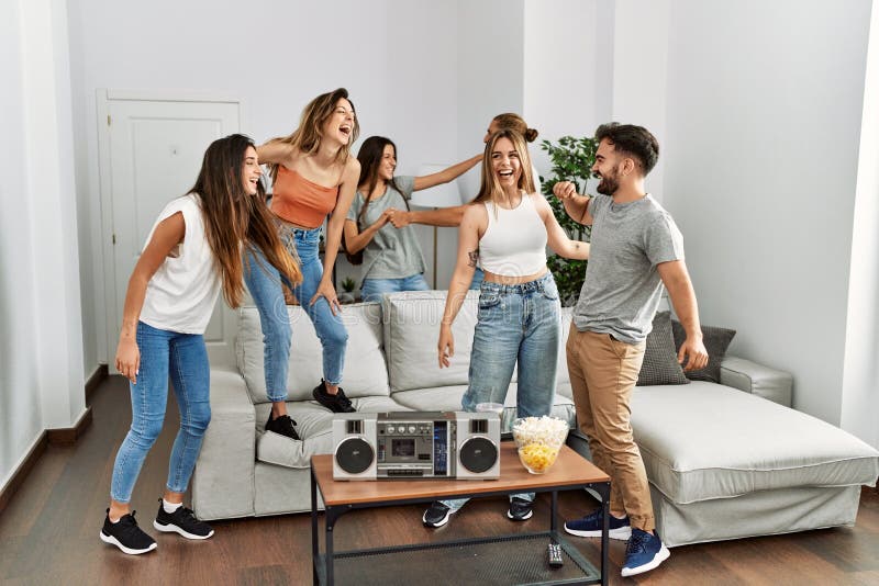 Group of Young Friends Smiling Happy and Dancing at Home Stock Image - Image of party, face ...