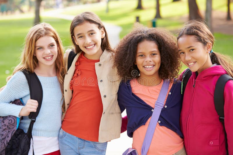 Group of Young Girls Hanging Out in Park Together Stock Photo - Image ...