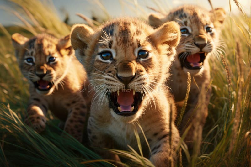 Group of Young Lions on the Move through Dense Grass Stock Photo ...