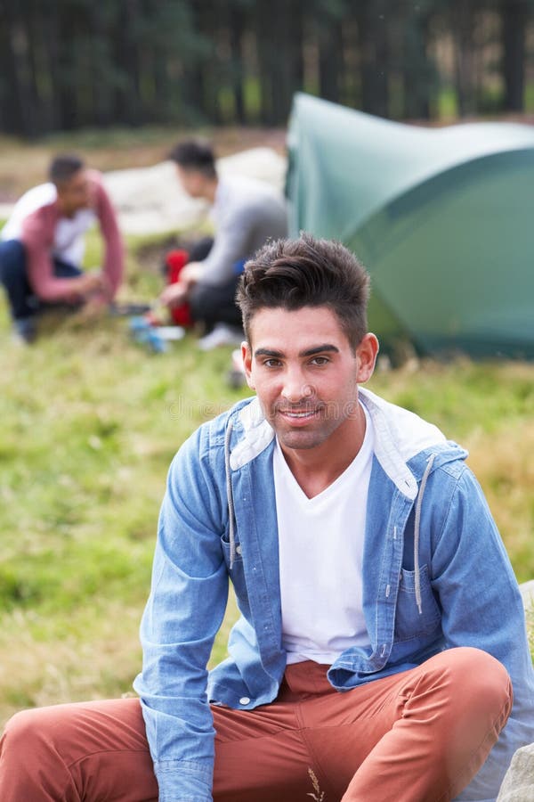 Group of Young Men on Camping Trip in Countryside Stock Photo - Image ...