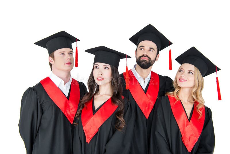 Group of Young Men and Women in Graduation Caps Looking Up Stock Image ...