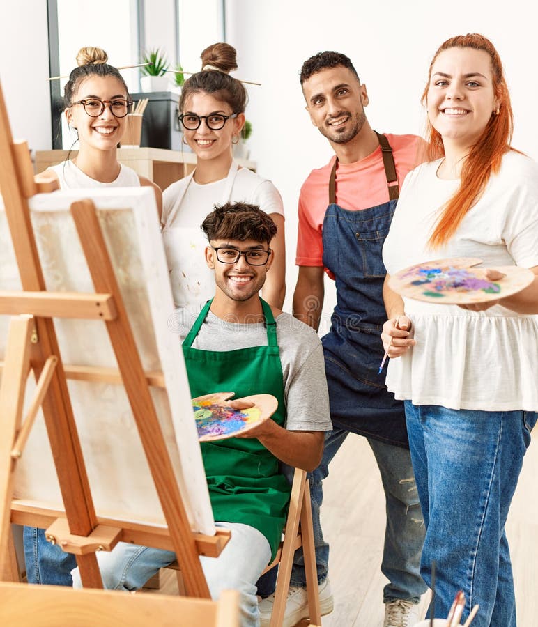 Group of Young Paint Students Smiling Happy and Looking Draw of Partner ...