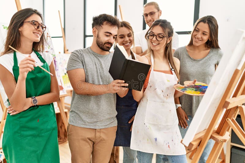 Group of Young Paint Students Smiling Happy and Looking Draw of Partner ...