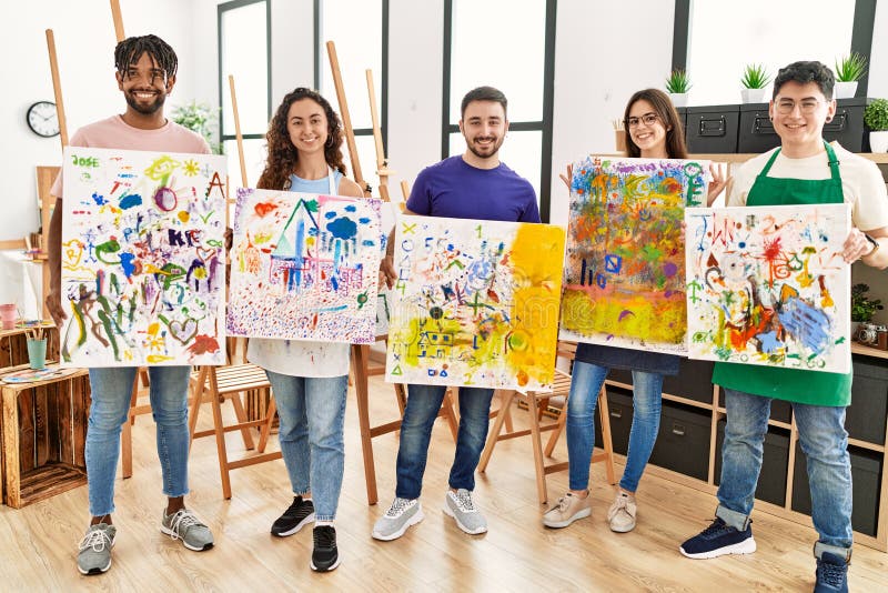 Group of Young Paint Students Smiling Happy Showing Draw Canvas ...