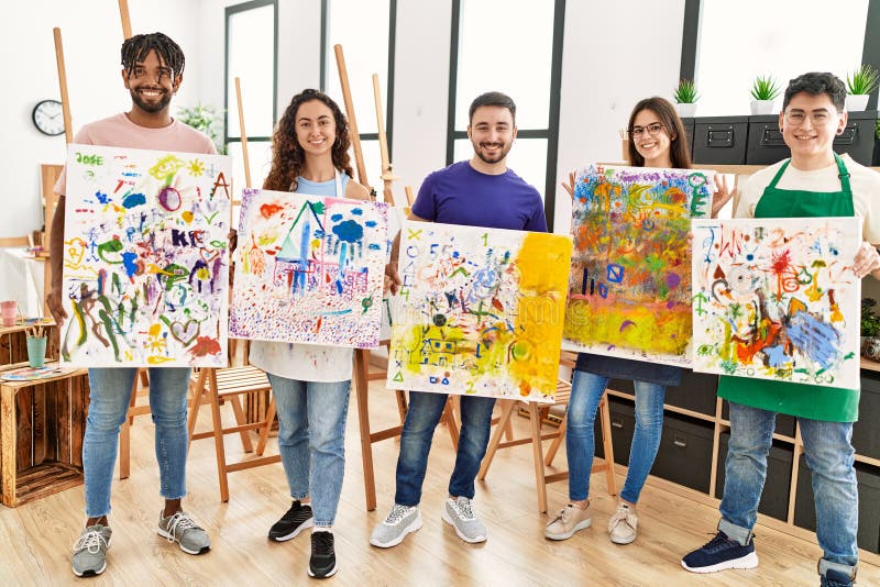 Group of Young Paint Students Smiling Happy Showing Draw Canvas ...