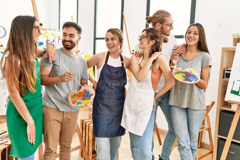 Group of Young Paint Students Smiling Happy Standing at Art Studio ...