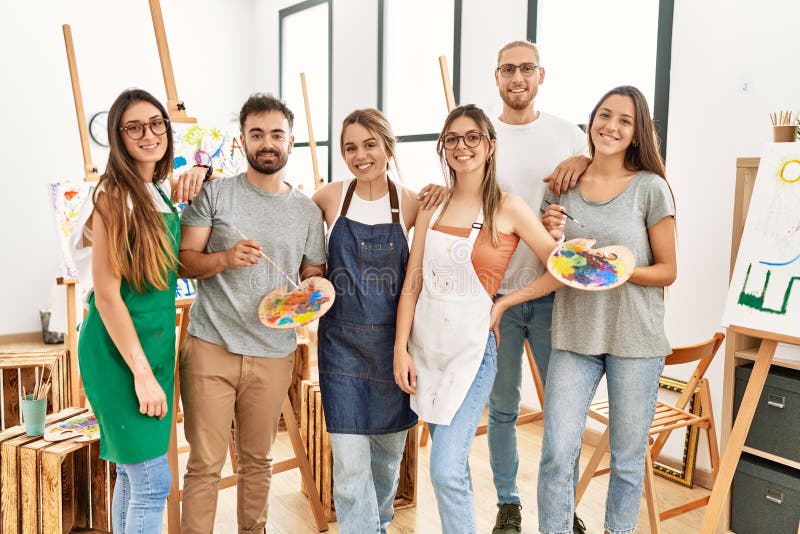 Group of Young Paint Students Smiling Happy Standing at Art Studio ...