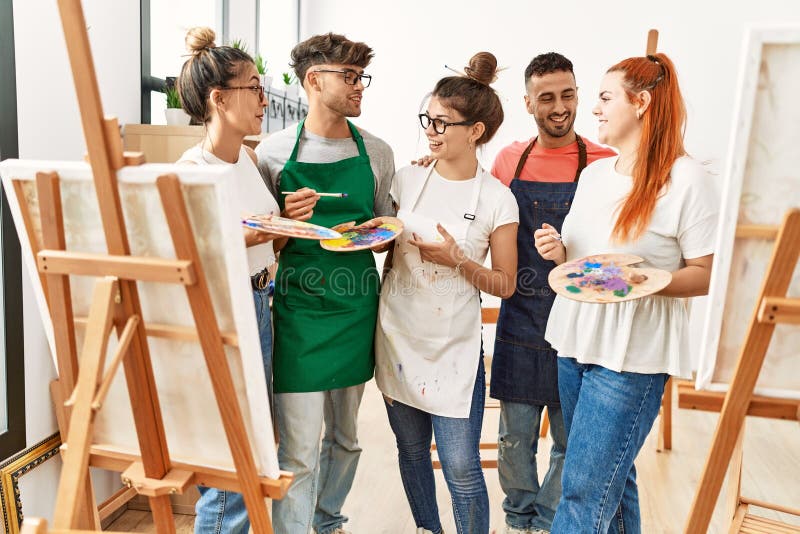 Group of Young Paint Students Smiling Happy Standing at Art Studio ...