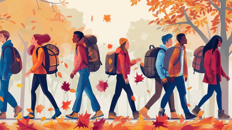 Walking in the Fall: a Group of Friends on a Hike. AI Generated Stock ...