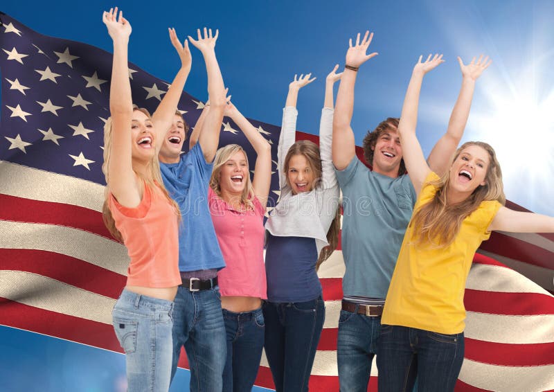 Group of Young People Cheering Against American Flag Stock Photo ...