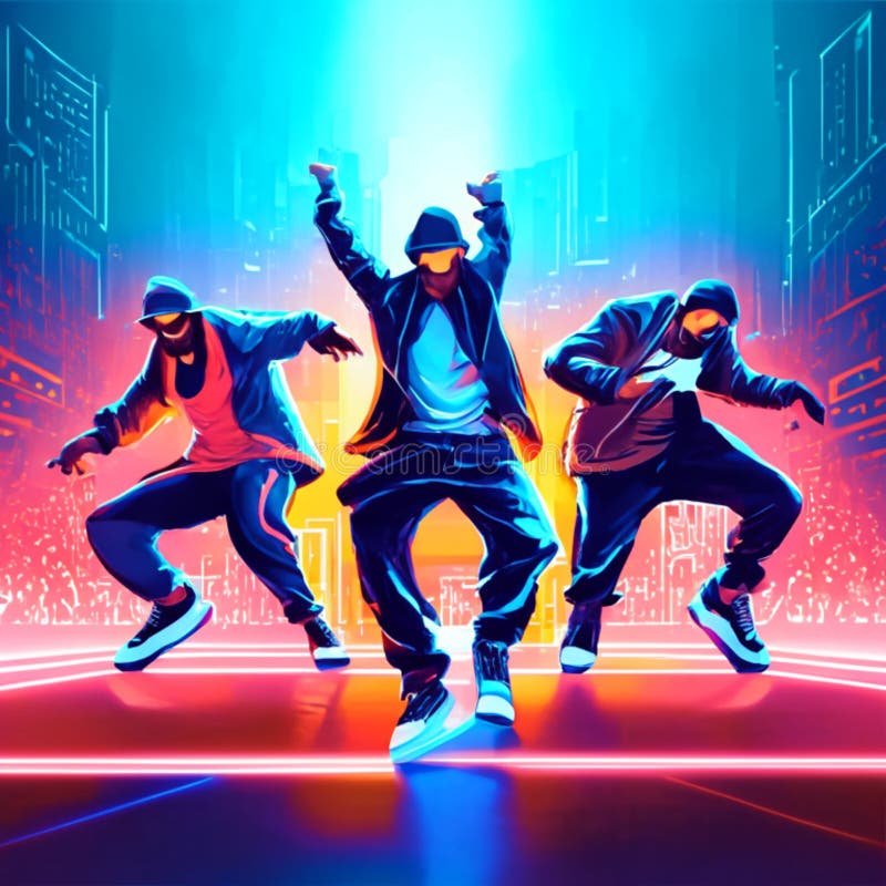 Group of Young People Dancing Hip-hop in Neon Light. 3d Rendering AI ...