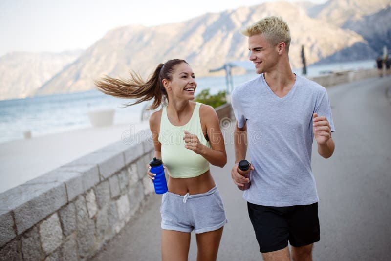 Group of Young People Friends Running Outdoors at Seaside Stock Image ...