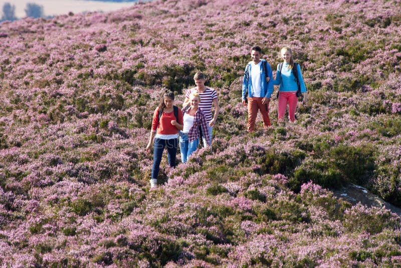 Group of Young People Hiking through Countryside Stock Photo - Image of ...