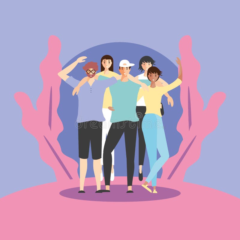 Group of Young People in Landscape Stock Illustration - Illustration of ...