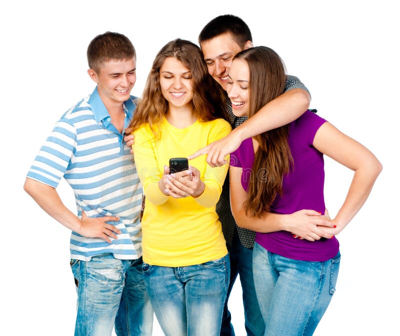 Group of Three Teenager Girls Laughing Looking the Smart Phone Stock ...
