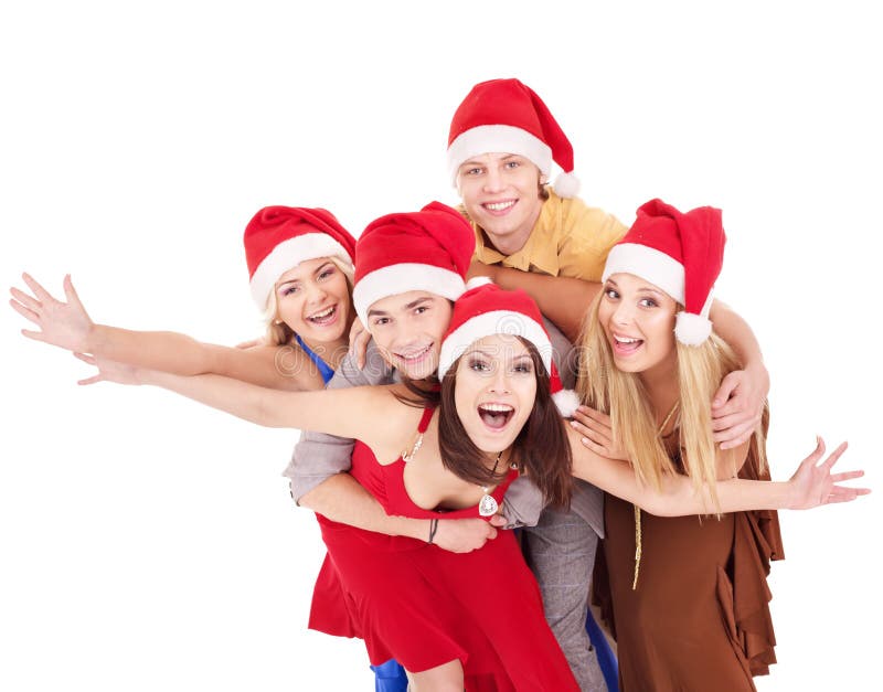 Group Young People in Santa Hat . Stock Image - Image of white ...