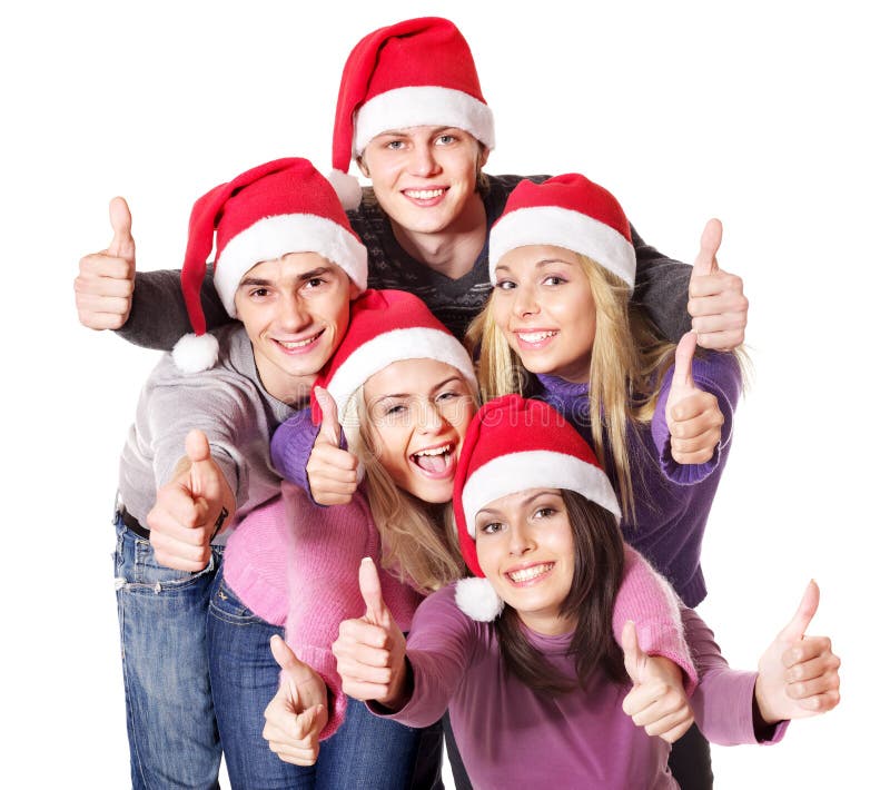 Group Young People in Santa Hat Show Thumbs Up. Stock Image - Image of ...
