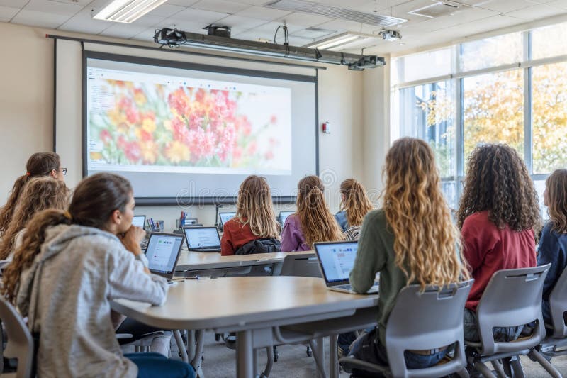 A Group of Young People are Seated at Tables in a Classroom, Using ...