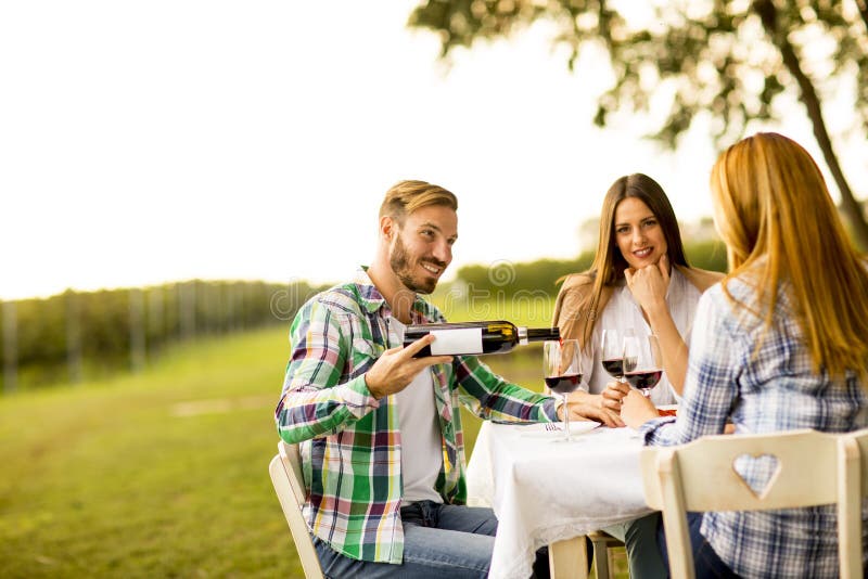 Young People by the Table in the Vineyard Stock Image - Image of ...