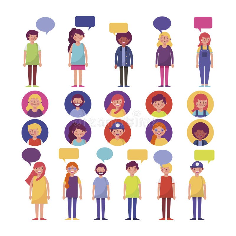 Group of Young People with Speech Bubbles Characters Stock Illustration ...