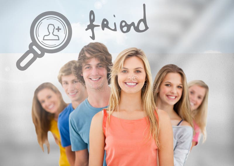Group of Young People Standing in Front of Friend Text with Magnifying ...