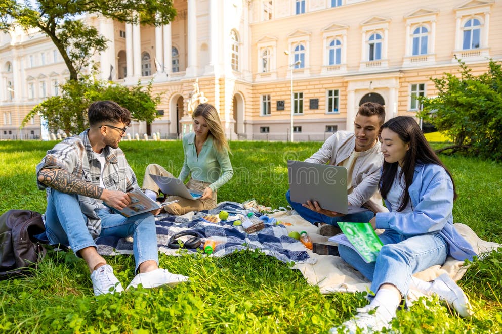 Group of Young People Studying Together in the College Yard Stock Image ...