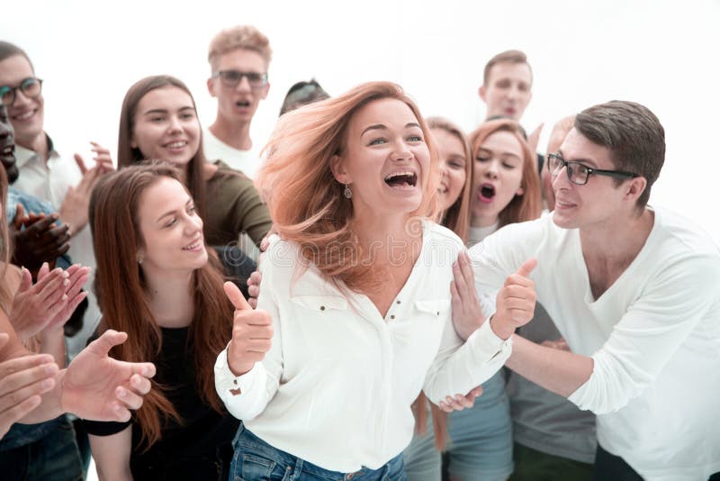 Group of Young People Supporting Their Happy Leader Stock Photo - Image ...