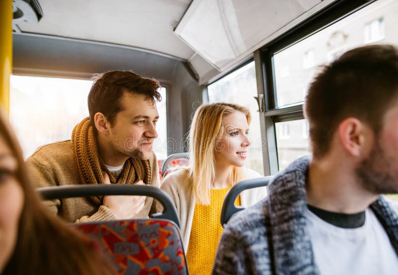 Group of Young People Traveling by Bus, Having Fun Stock Image - Image ...