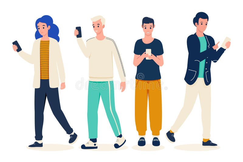 Group of Young People Using Smartphones Vector Illustration. Stock ...