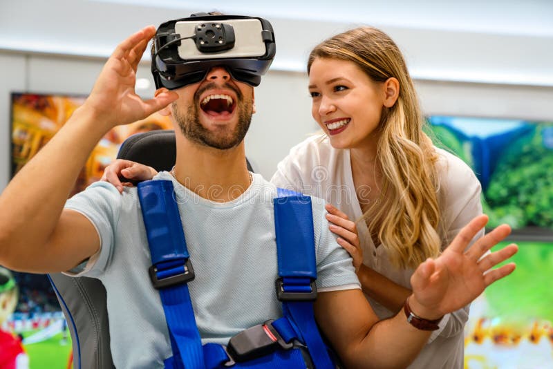 Group of People Using Virtual Reality Headset at Exhibition, Show. VR ...