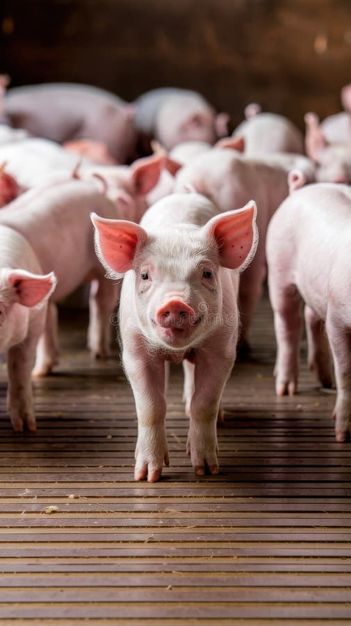 Group of Young Piglets Clustered Together on Farm Floor Stock ...