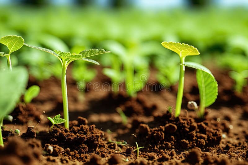A Group of Young Plant Sprouts Growing in Field with Sunlight ...