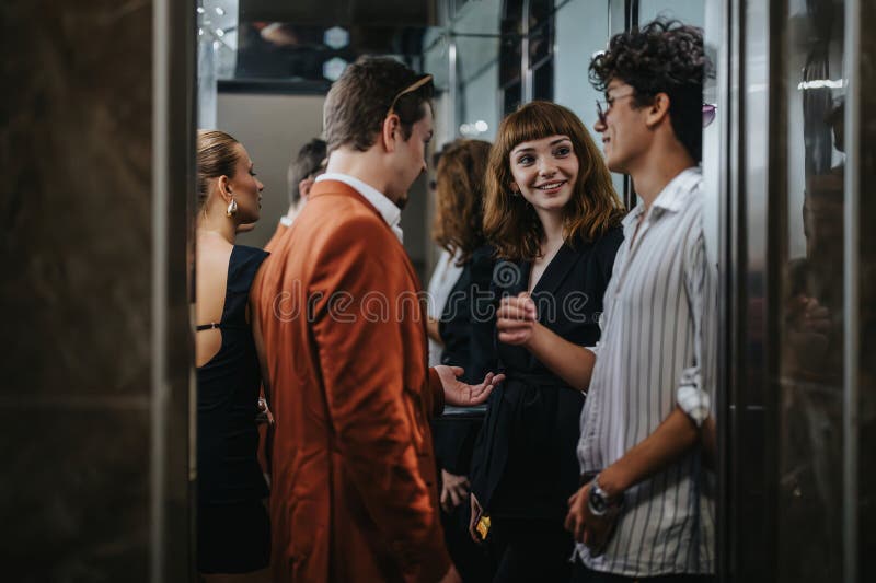 Group of Young Professionals Conversing in a Modern Elevator Stock ...