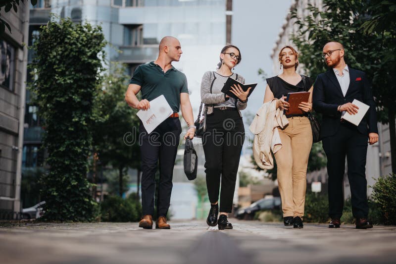 Group of Young Professionals Walking and Discussing Business Outdoors ...