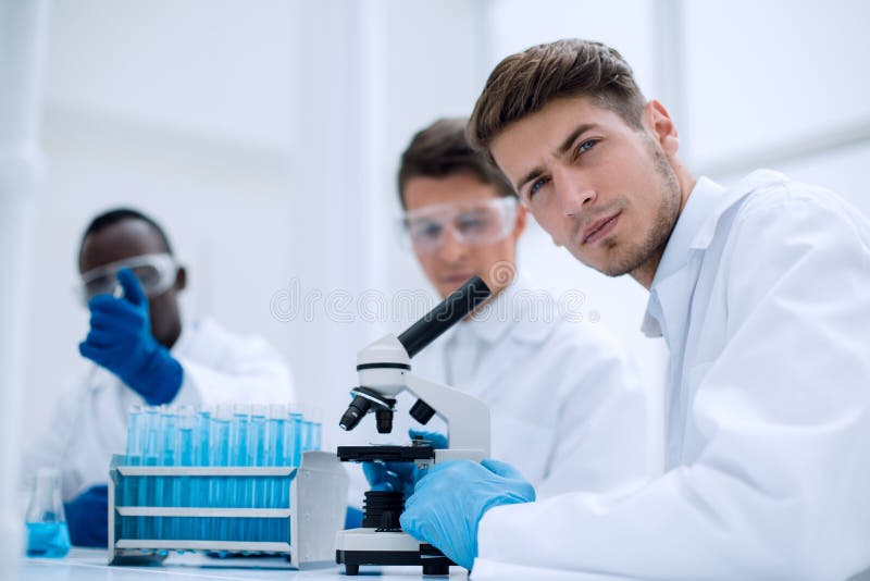 Group of Young Scientists Sitting at the Laboratory Table Stock Image ...